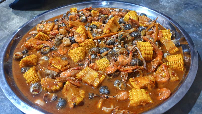 Seafood Dish in a Big Plate, Cooked with Corn Stock Image - Image of ...