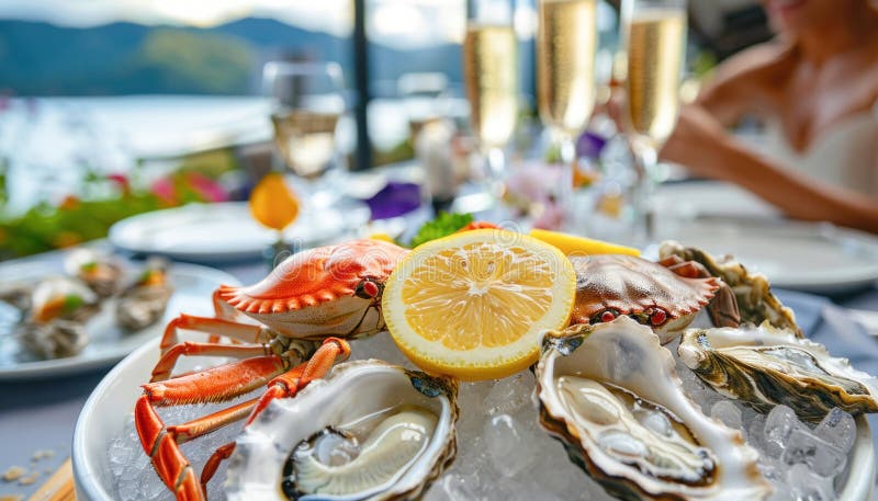 A Seafood Dish Featuring Oysters and Crabs on Ice with Lemon As a ...