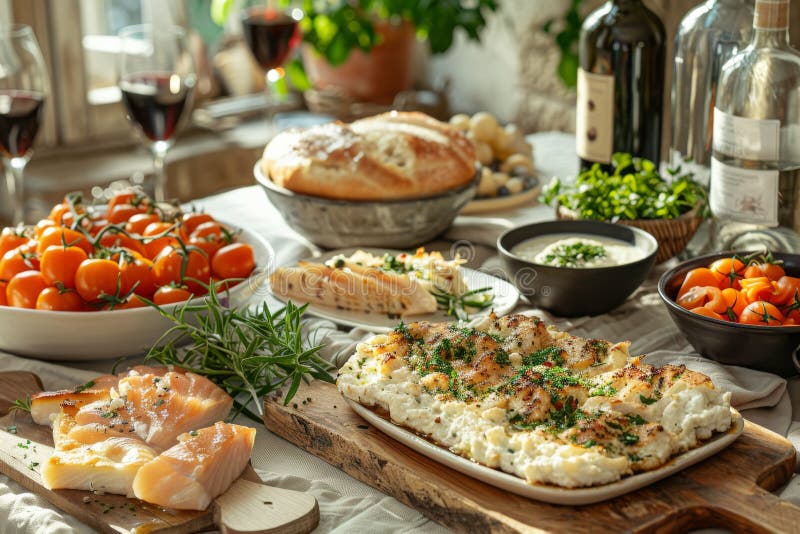 Seafood Dishes Greek and Wine on Table. Generative AI Stock Photo ...