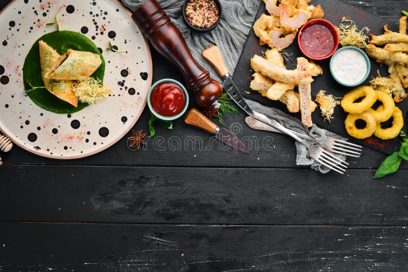 Seafood dishes. Top view stock photo. Image of rice - 164638738