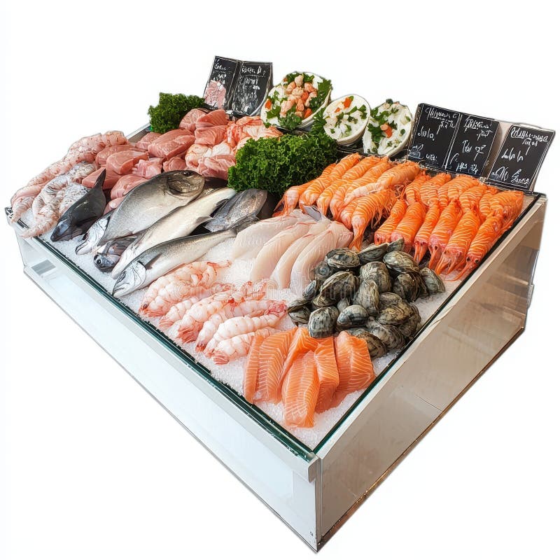 A Seafood Display Featuring Various Types of Fish and Shellfish on Ice ...