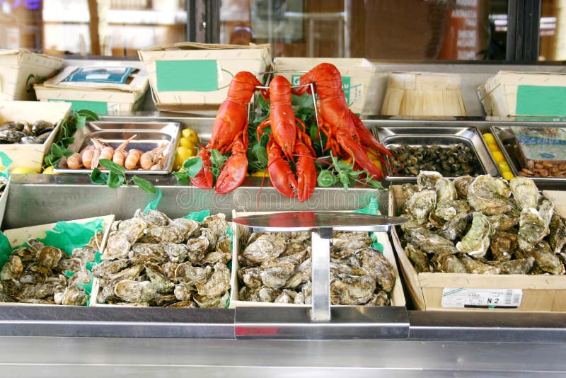 Seafood display in market stock image. Image of oysters - 275335