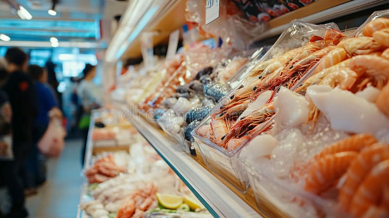 A Seafood Display in a Store with a Crowd of People Looking at it Stock ...