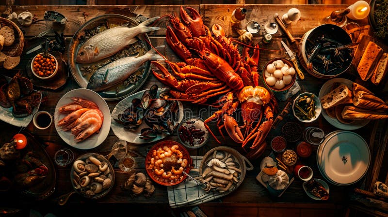 Seafood Feast with Fresh Fish and Shellfish Stock Illustration ...