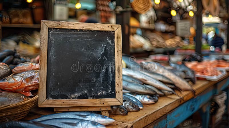 Seafood and Fish Display at Fishmonger S with Blank Sign for Text Stock ...