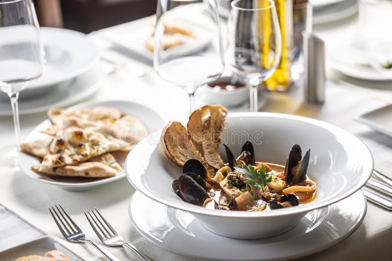 Seafood and Fish Soup Served in an Italian Restaurant in a Fancy ...