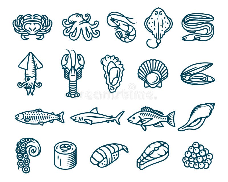 Seafood and Fish. Vector Isolated Icons Set. Stock Vector ...