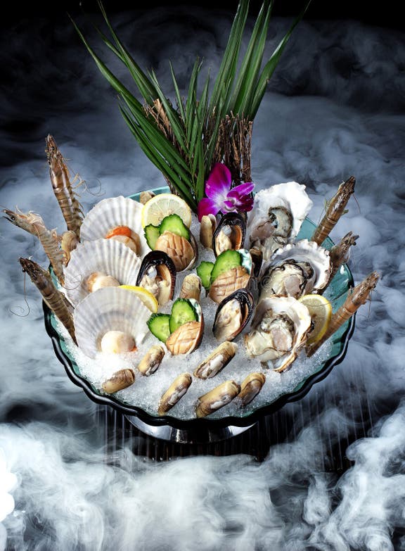 Seafood Food on Table in Restaurant Interior, High End Restaurant ...
