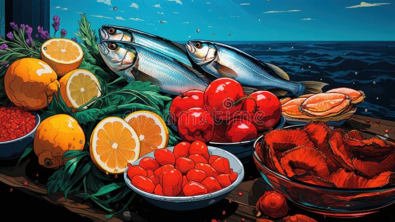 Seafood, Fruit, and Vegetables Still Life Stock Illustration ...