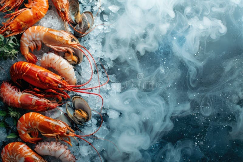 Seafood on Ice with Dramatic Smoke Effect Stock Illustration ...