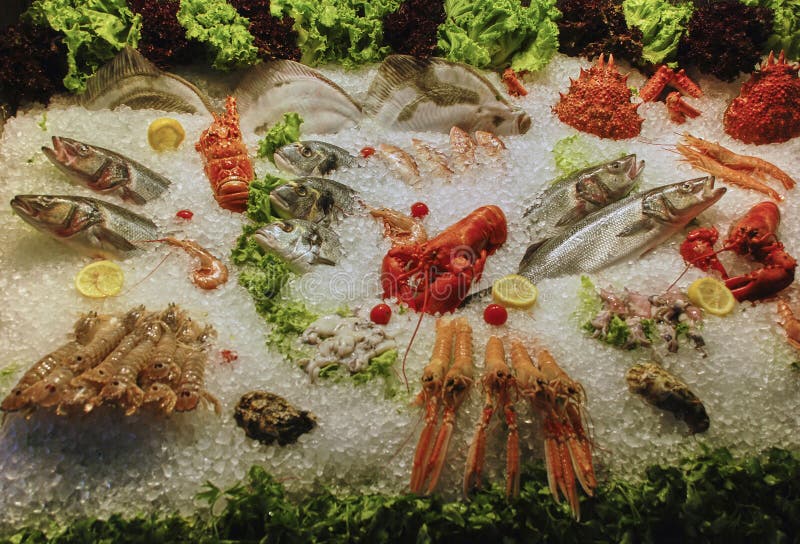 Seafood on Ice at the Fish Market Stock Image - Image of bass, dinner ...