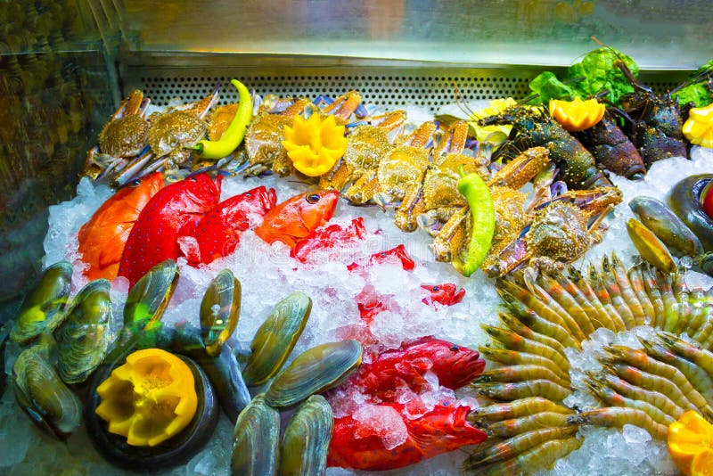 Seafood on Ice at the Fish Market Stock Photo - Image of fresh, healthy ...