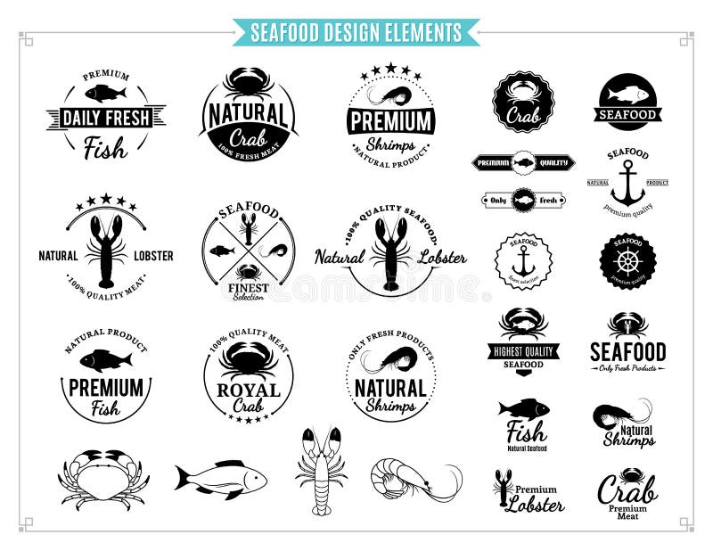 Seafood Labels, Sea Animals and Design Elements Stock Vector ...