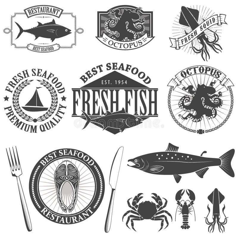Set of Seafood Labels. Fish, Squid, Lobsters. Design Elements for Logo ...