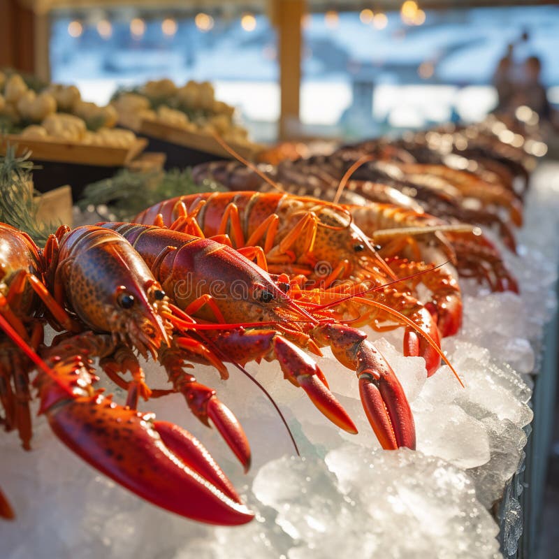 A Seafood Market Stall Showcasing Fresh Lobsters Displayed on Ice Stock ...