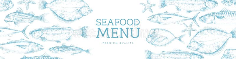 Seafood Menu Cover Design with Different Kinds of Fish. Stock Vector ...