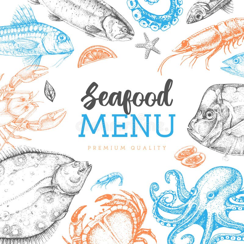 Seafood Menu Cover Design with Different Kinds of Fish. Stock Vector ...