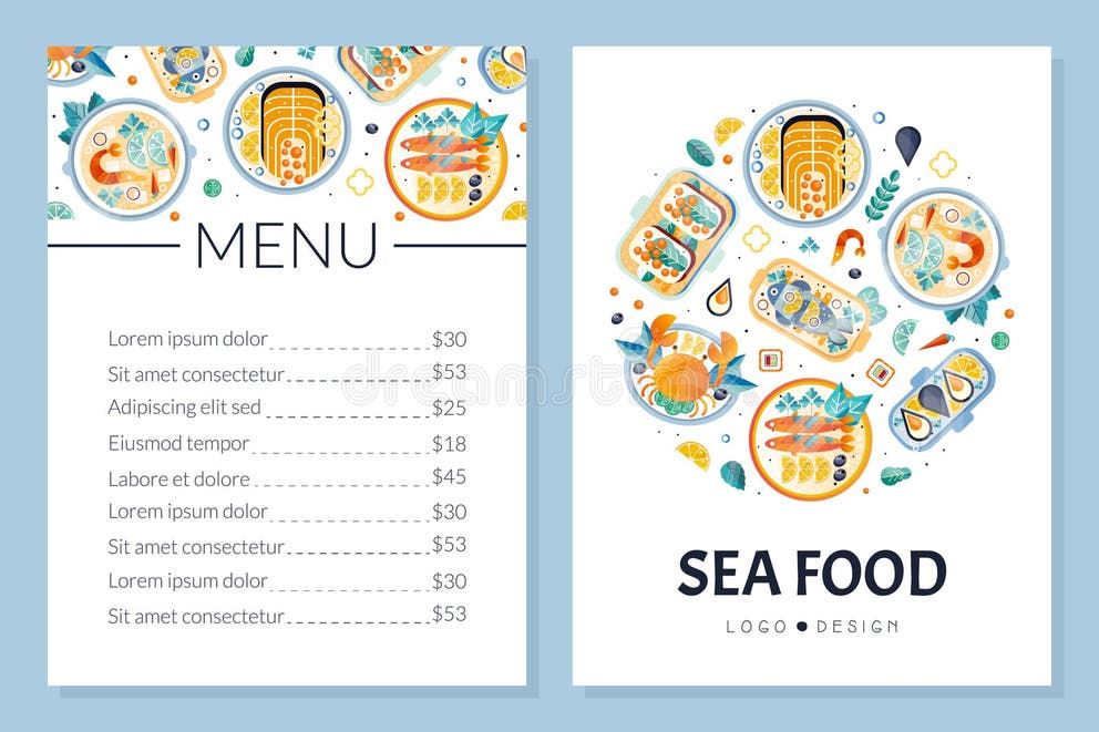 Seafood Menu Design with Fish and Shellfish Dish Served on Plate Vector ...