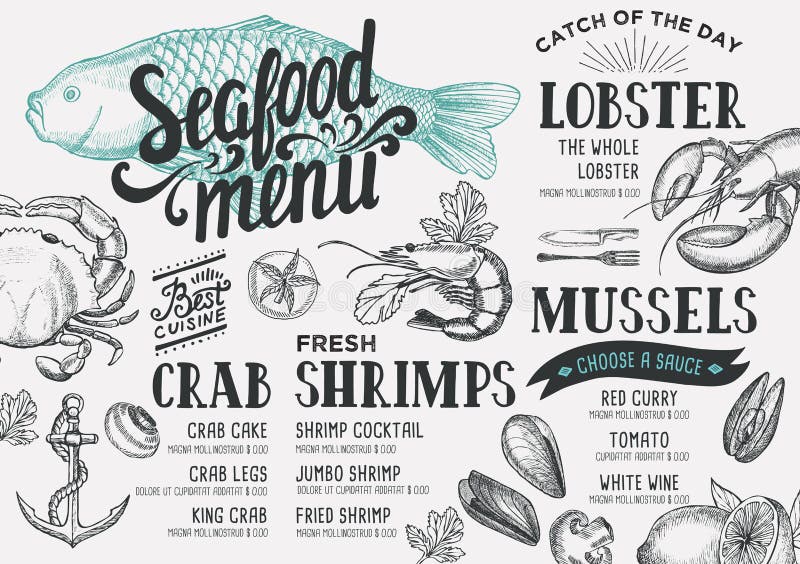 Seafood Menu Template for Restaurant on a Blackboard Background Vector ...