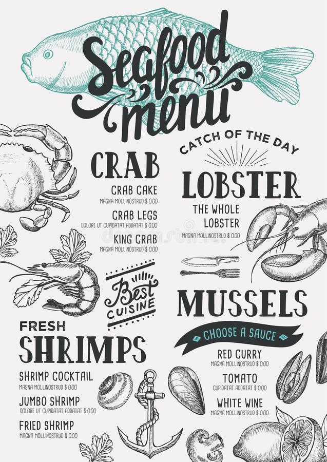 Seafood Menu Template for Restaurant on a Blackboard Background Vector ...