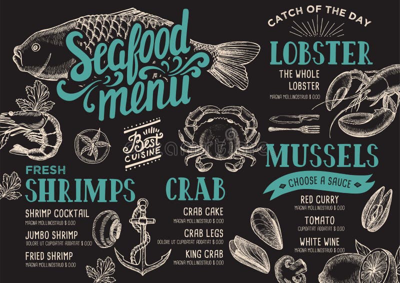 Seafood Menu Template for Restaurant on a Blackboard Background Vector ...