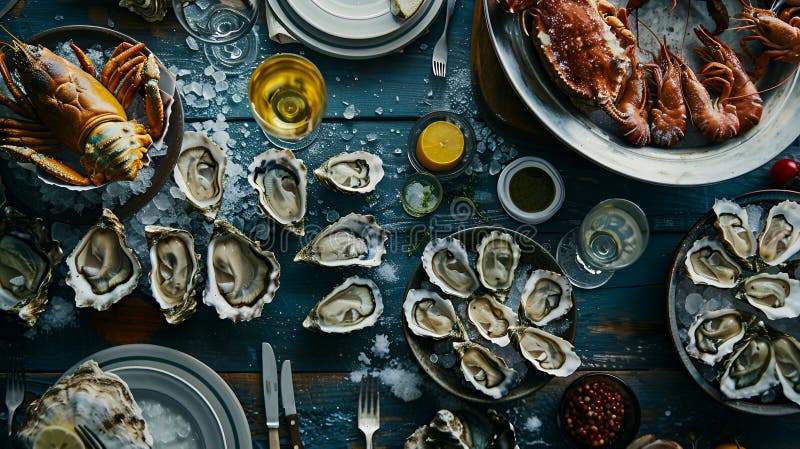 Seafood and Oysters on the Table Stock Illustration - Illustration of ...