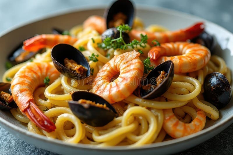 Seafood Pasta Feast with Various Shellfish Stock Photo - Image of ...