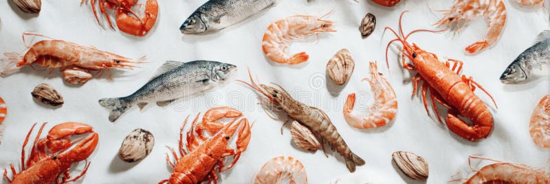 Seafood Pattern Design Featuring Various Types of Seafood on a White ...
