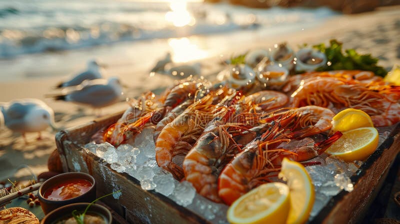 Seafood Platter on a Beach at Sunset. Stock Photo - Image of gourmet ...