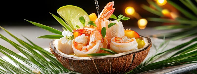 Seafood Platter in a Coconut Shell with Tropical Fruit and Lime Drizzle ...
