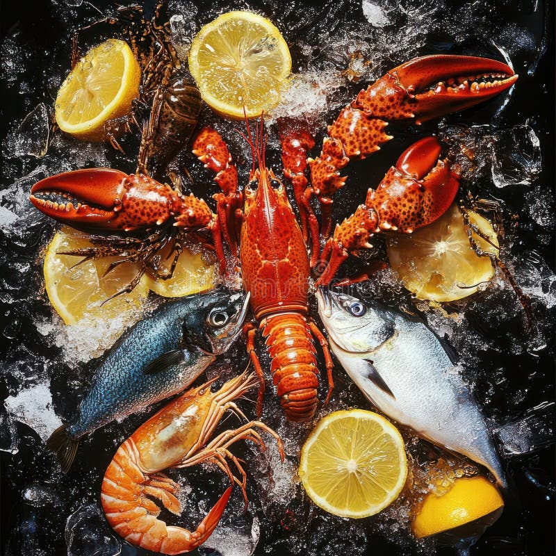 Seafood Platter with Lobster, Fish, Shrimp and Lemon Stock Illustration ...