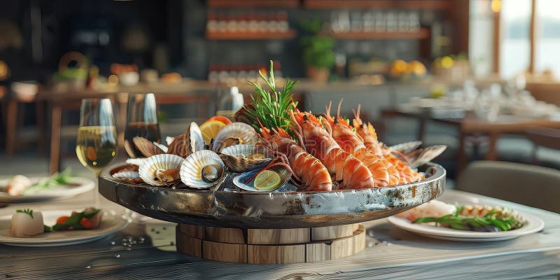 Seafood Platter with Shrimp, Scallops, Mussels, and Lemon Stock ...