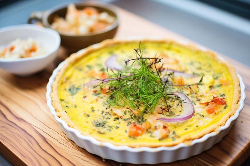 Seafood Quiche with Shrimp and Dill on Top Stock Photo - Image of tart ...