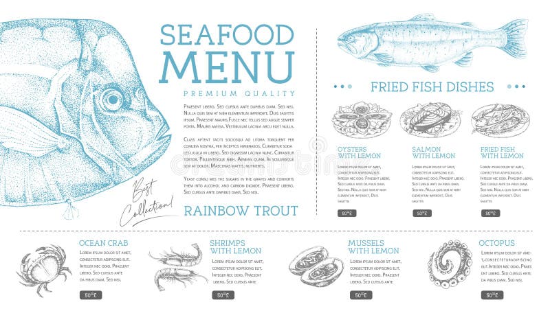 Seafood Restaurant Menu Design with Hand Drawing Fish. Stock Vector ...
