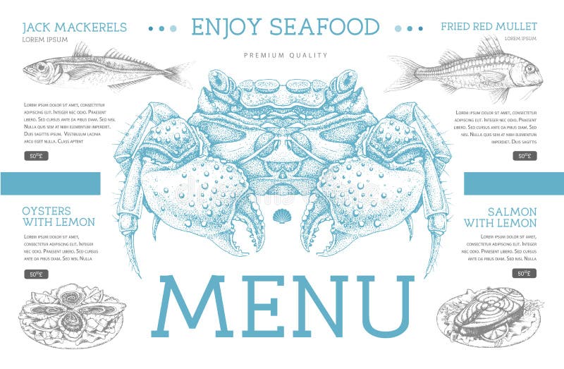 Seafood Restaurant Menu Design with Hand Drawing Fish. Stock Vector ...