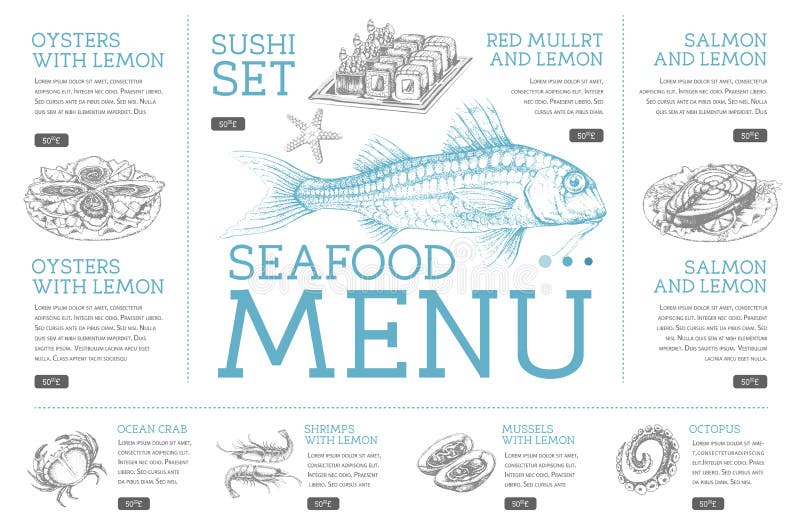 Seafood Restaurant Menu Design with Hand Drawing Fish. Stock Vector ...