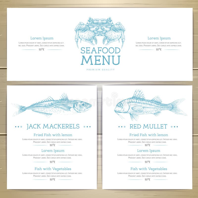 Seafood Restaurant Menu Design with Hand Drawing Fish. Stock Vector ...