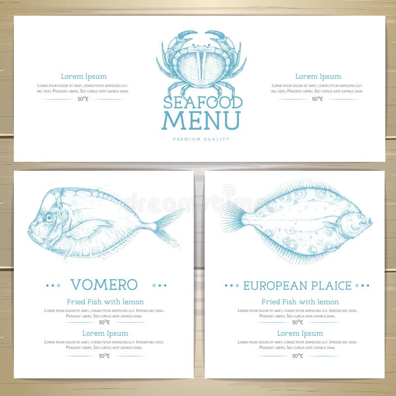 Seafood Restaurant Menu Design with Hand Drawing Fish. Stock Vector ...