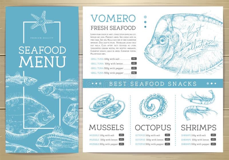Seafood Restaurant Menu Design with Hand Drawing Fish. Stock Vector ...