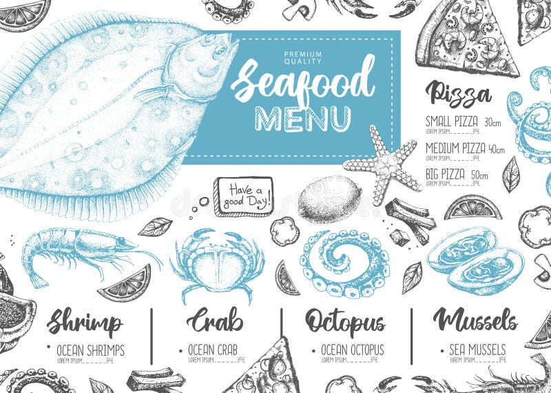 Seafood Restaurant Menu Design with Hand Drawing Fish. Stock Vector ...