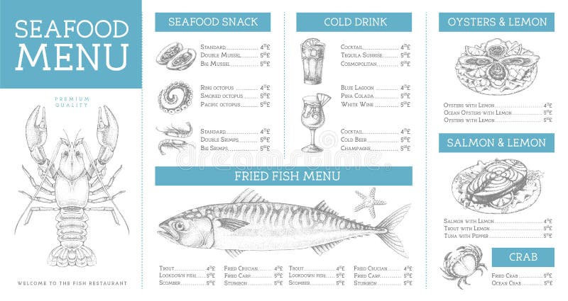 Seafood Restaurant Menu Design with Hand Drawing Fish. Stock Vector ...