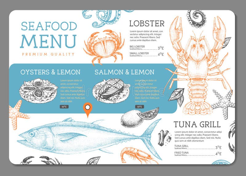 Seafood Restaurant Menu Design with Hand Drawing Fish. Stock Vector ...