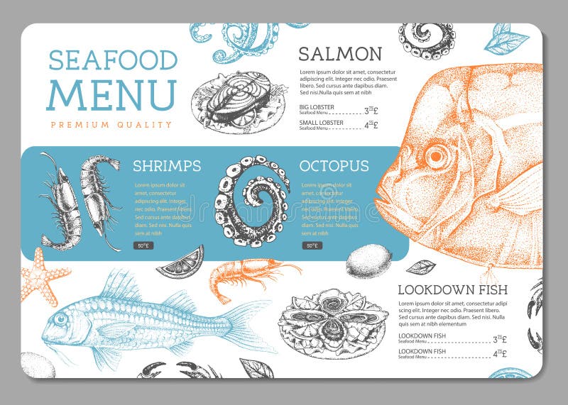 Seafood Restaurant Menu Design with Hand Drawing Fish. Stock Vector ...