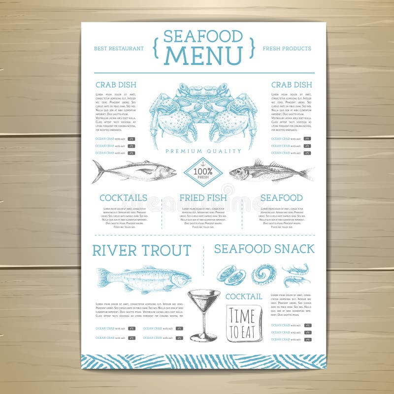 Seafood Restaurant Menu Design with Hand Drawing Fish. Stock Vector ...