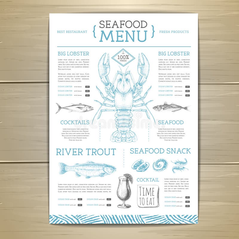 Seafood Restaurant Menu Design with Hand Drawing Fish. Stock Vector ...