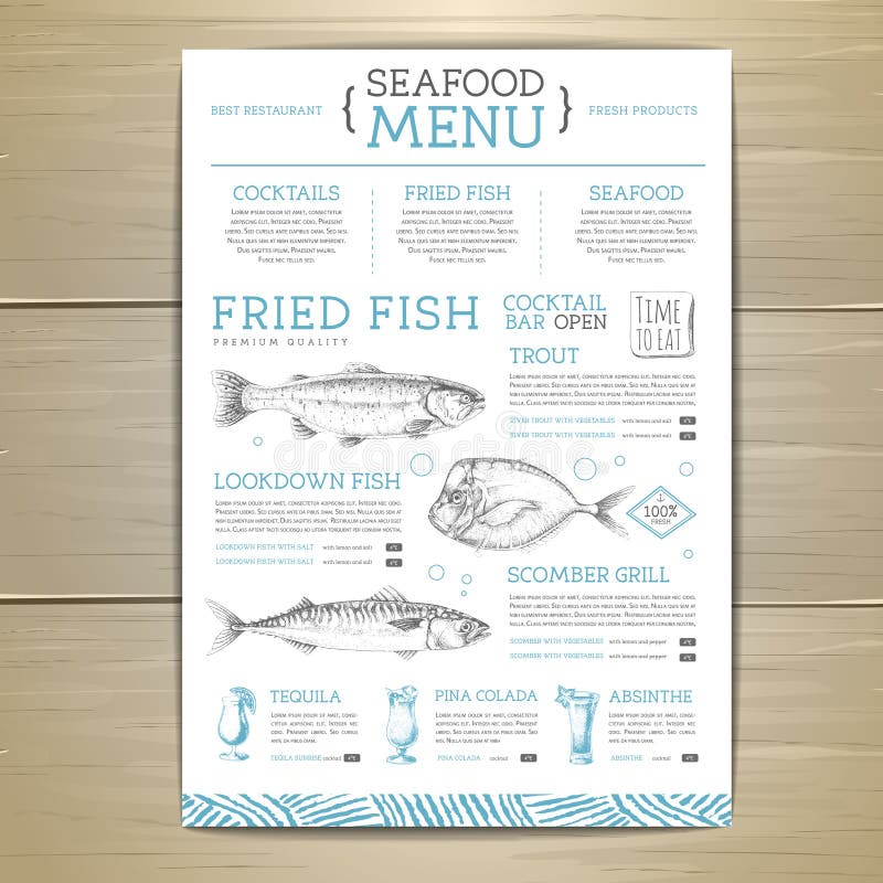 Seafood Restaurant Menu Design with Hand Drawing Fish. Stock Vector ...