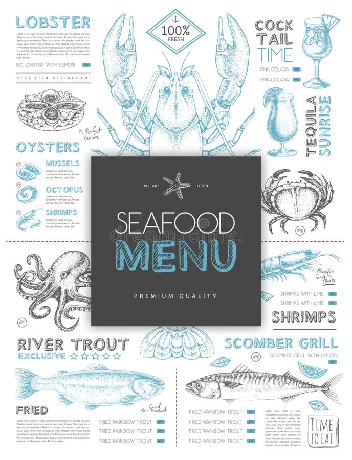 Seafood Restaurant Menu Design with Hand Drawing Fish. Stock Vector ...