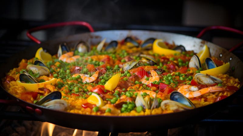 Seafood and Rice Spanish Paella in Large Round Pan Stock Illustration ...