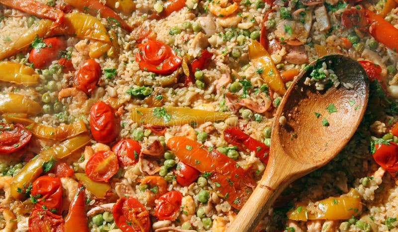 Seafood Rice with Tomatoes and Peas Stock Image - Image of paiella ...