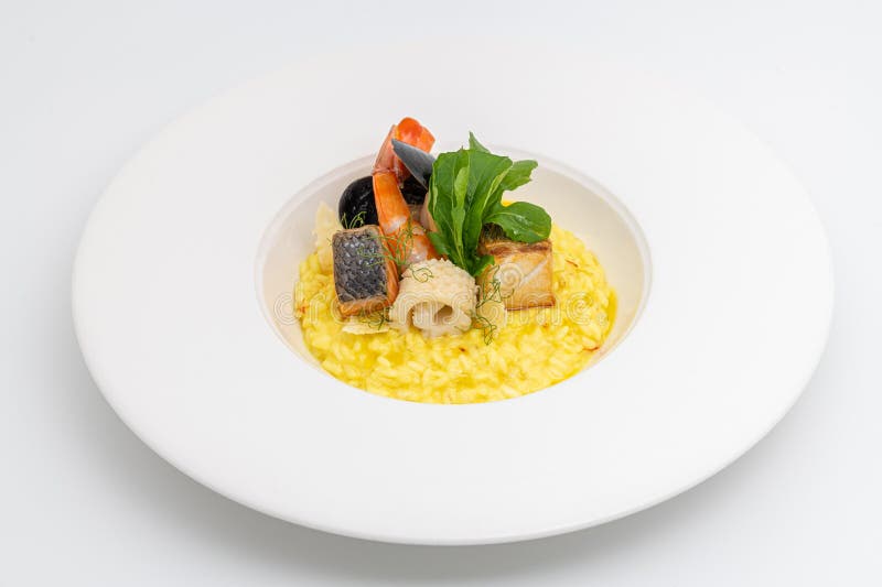 Seafood Risotto, Risotto Alla Pescatora, Served on a White Porcelain ...